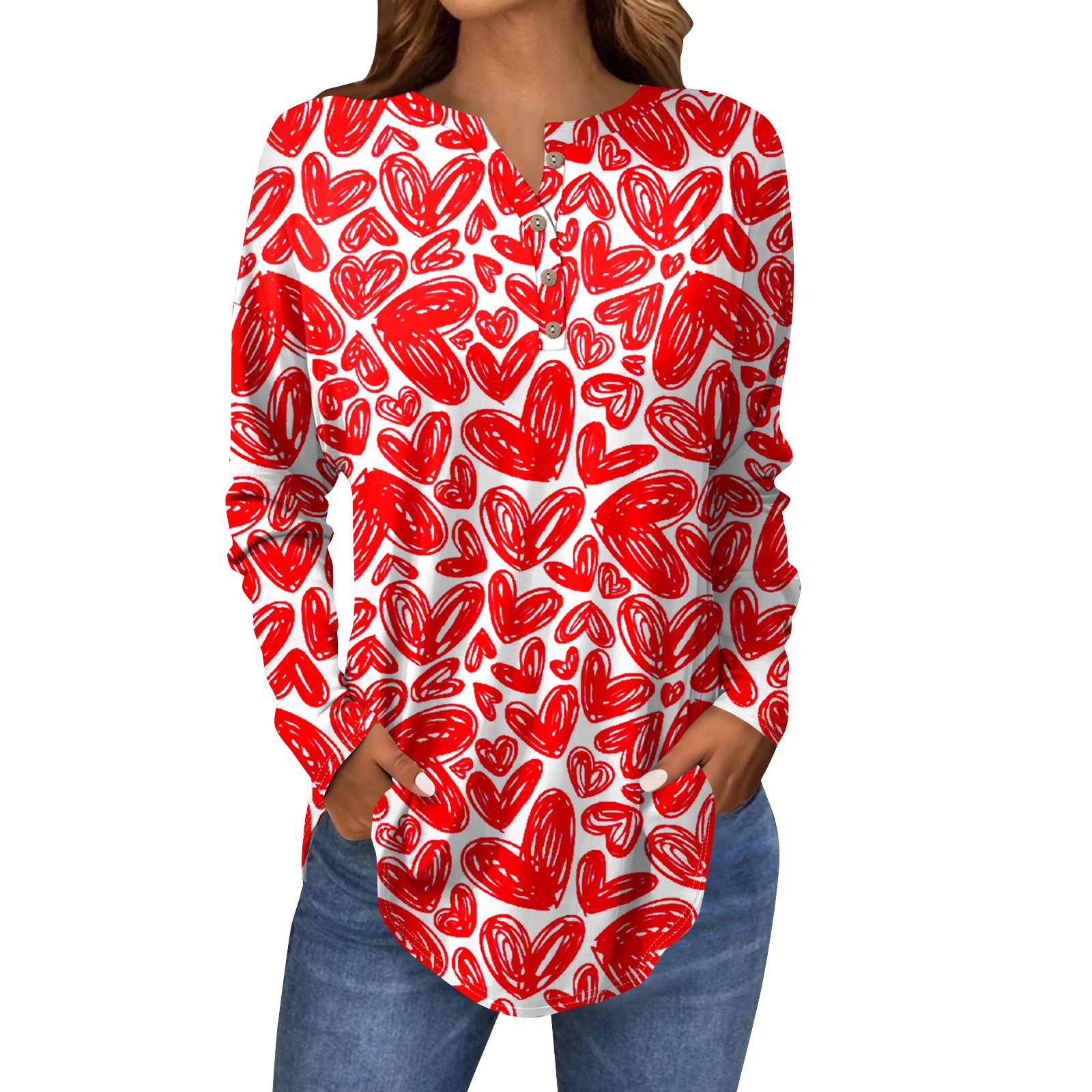 BDPORKAS Long Sleeve Shirts for Women Valentines Day Tops for Women Love Heart Print Round Neck ...
