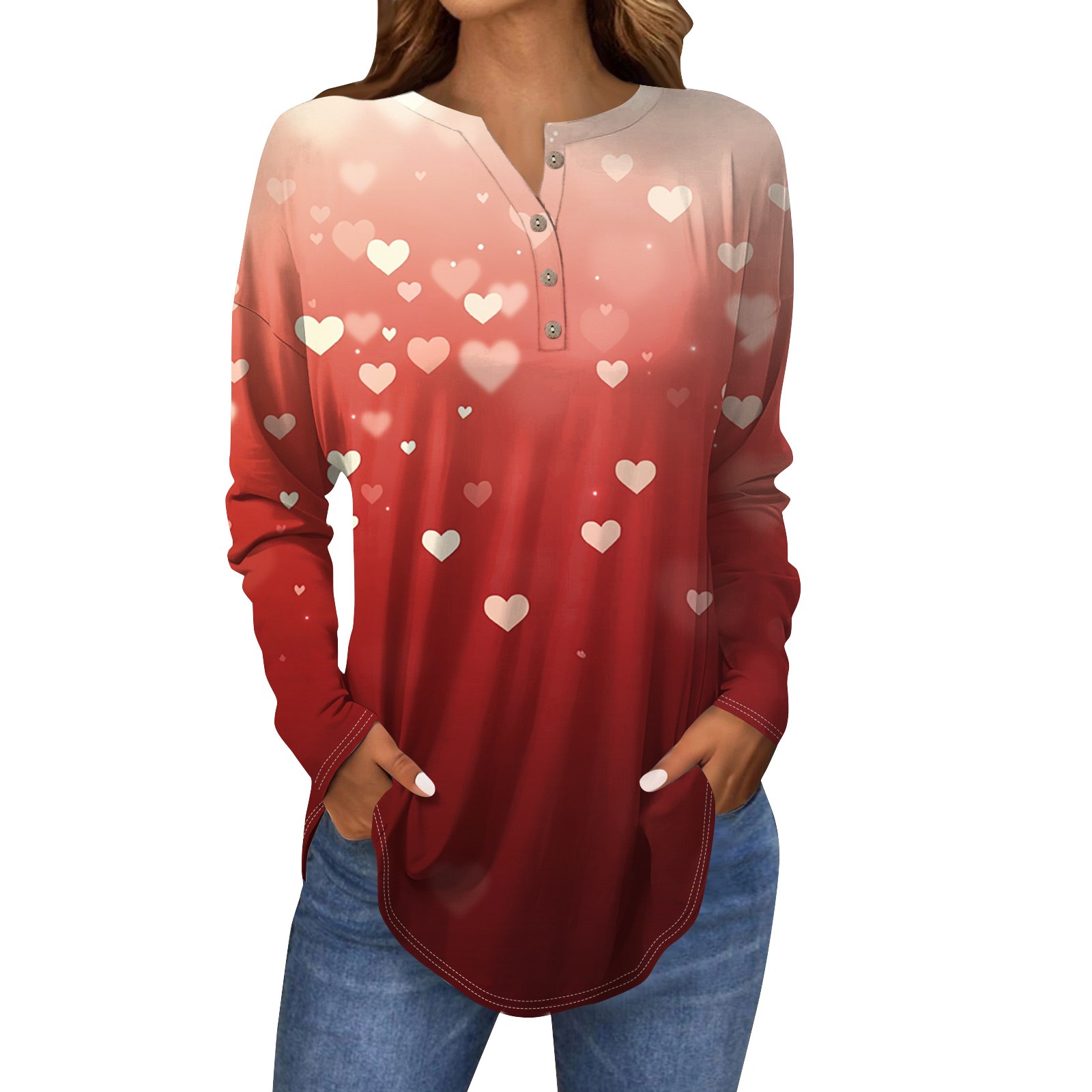 BDPORKAS Long Sleeve Shirts for Women Valentine's Day Heart Graphic Henley Neck Tops Plus Size ...